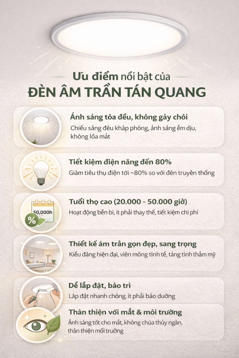 Đèn âm trần tán quang là gì? Khi nào dùng để không bị chói?